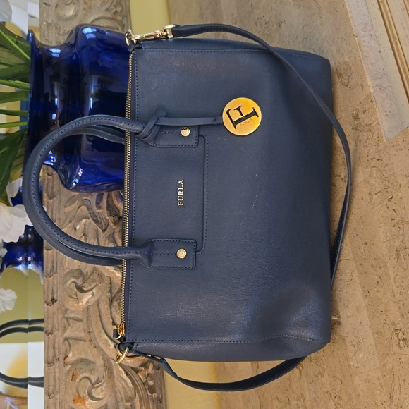 Furla | Bags | Furla Blue Leather Top Zip Double Carry Tote Bag | Poshmark